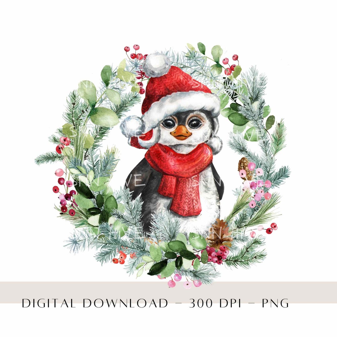 Winter Penguin Christmas PNG, Christmas Wreath Clipart, Winter Décor ...
