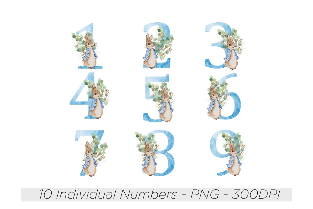 Blue Watercolour Peter Rabbit Numbers PNG, Greenery Numbers Clipart ...