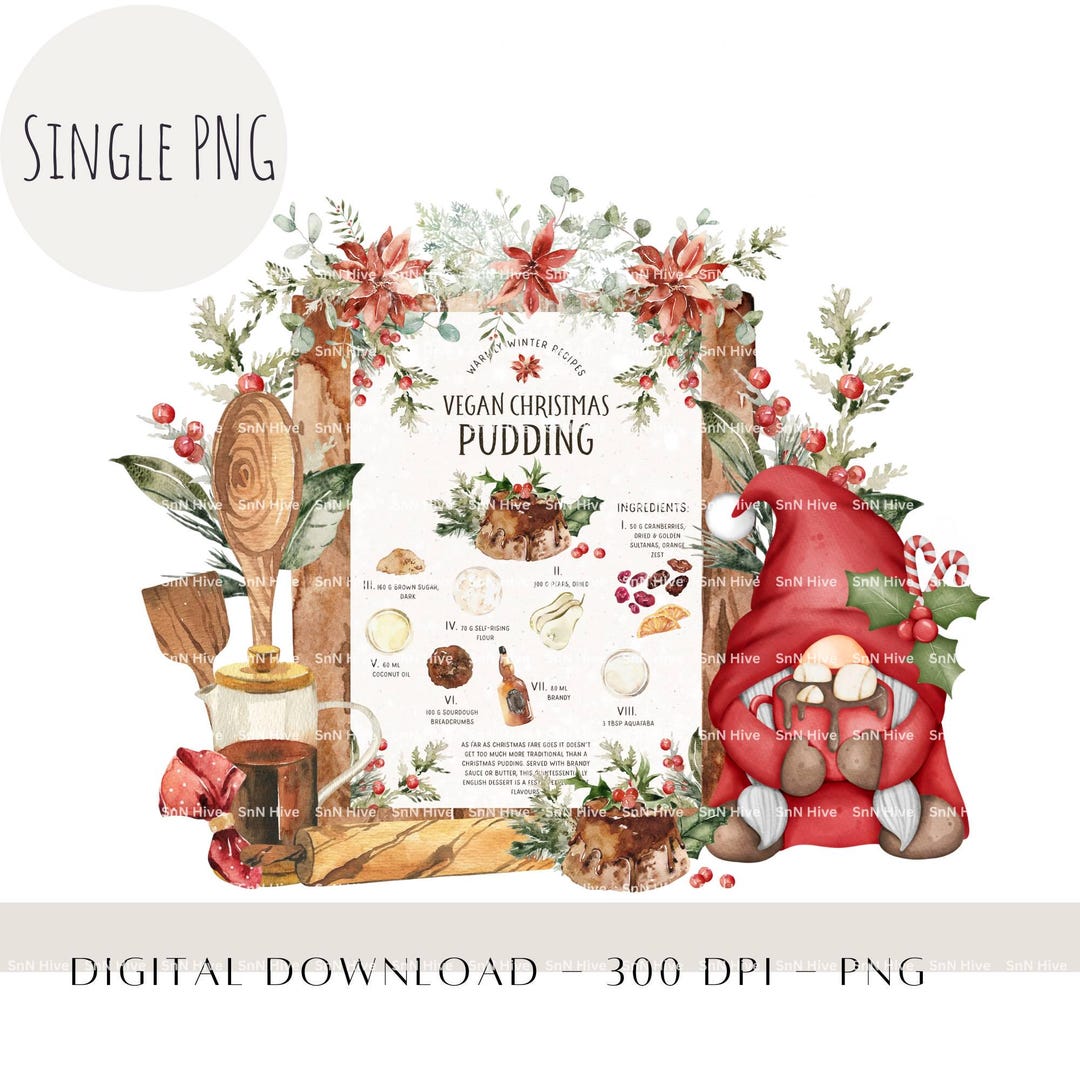 Christmas Pudding Recipe, Holiday Gnome PNG, Kitchen Sign (digital ...