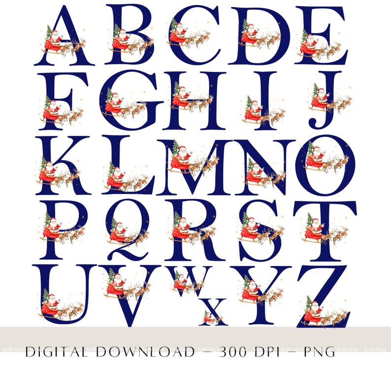 Santa Sleigh Christmas Alphabet PNG Red Letters A-Z, Vintage Santa ...