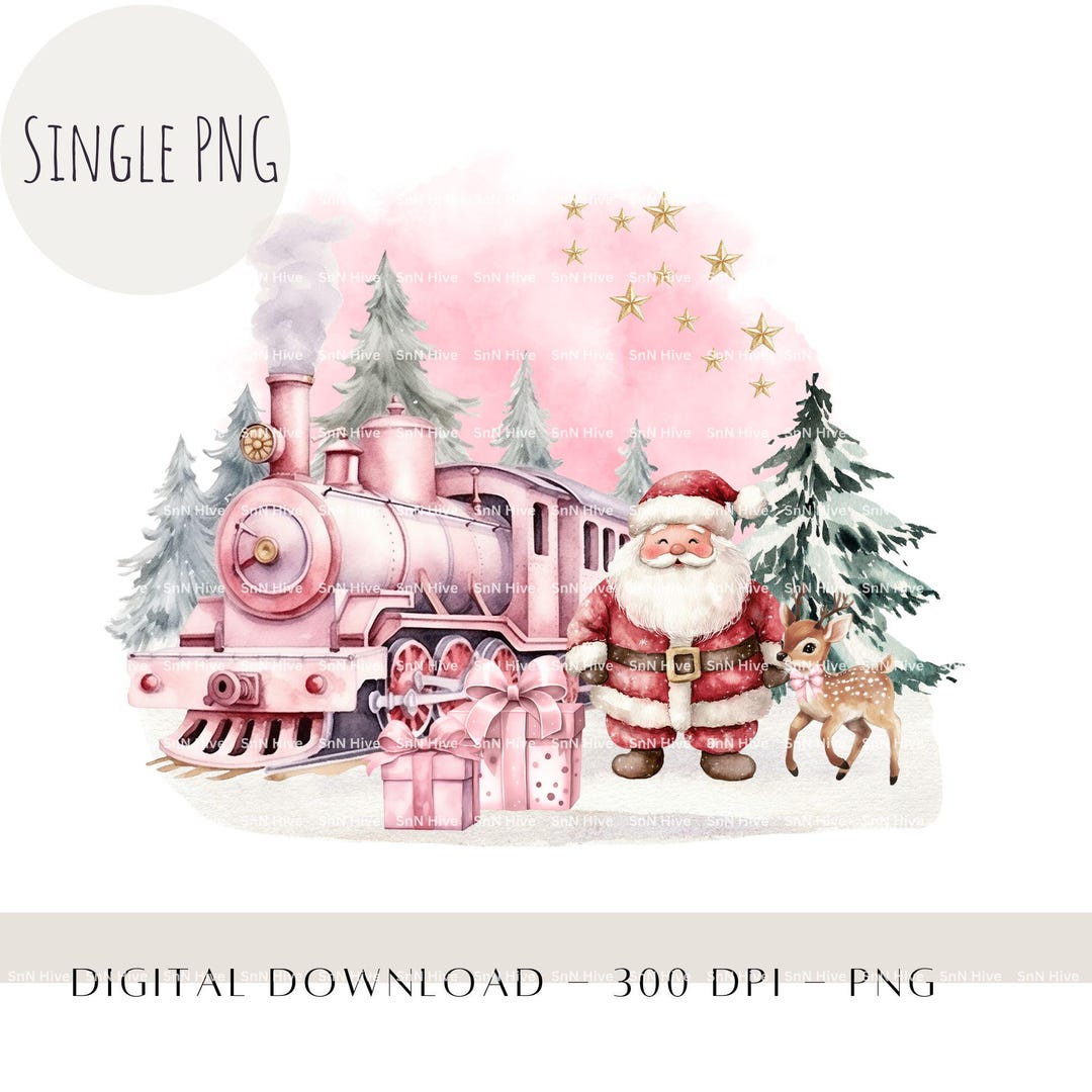 Santa & Deer Pink Christmas Train Sublimation Design PNG, 1st Christmas ...