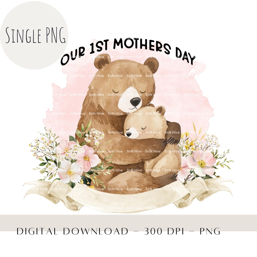 Mother's Day Bear & Baby PNG – Blush Floral Watercolor (digital ...