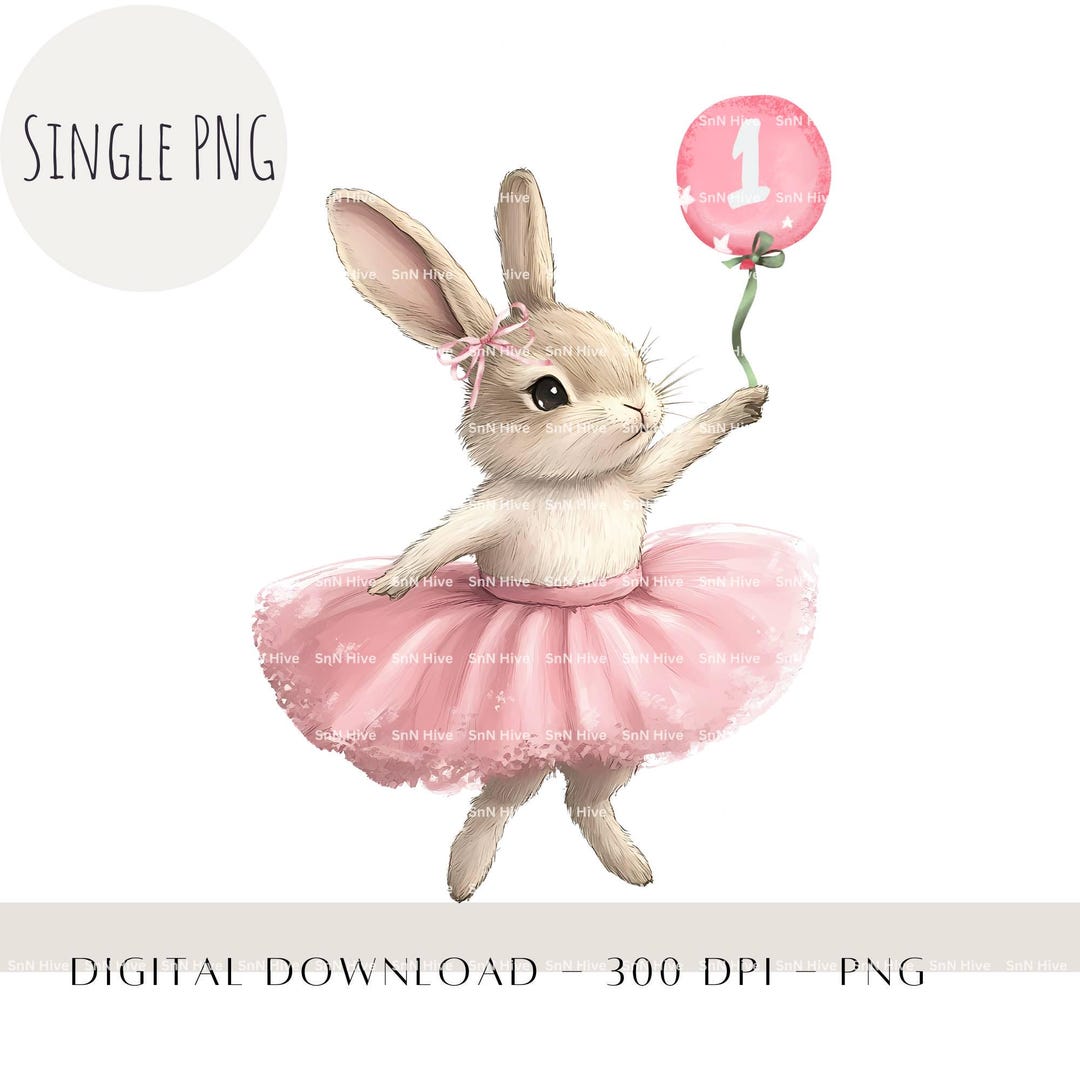 1st Birthday Bunny With Pink Tutu and Balloon PNG, Cute Rabbit First ...