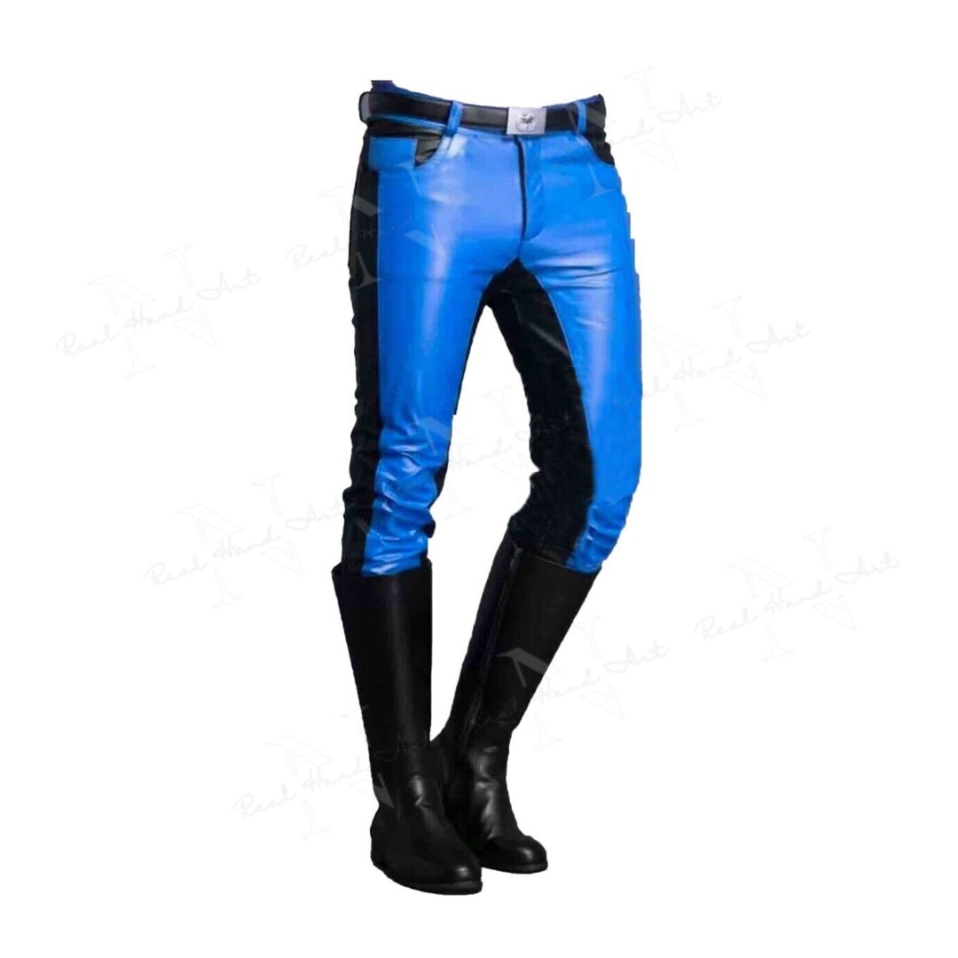 Men's Blue Leather Motorcycle Pant, Handmade Genuine Leather Biker Pant ...