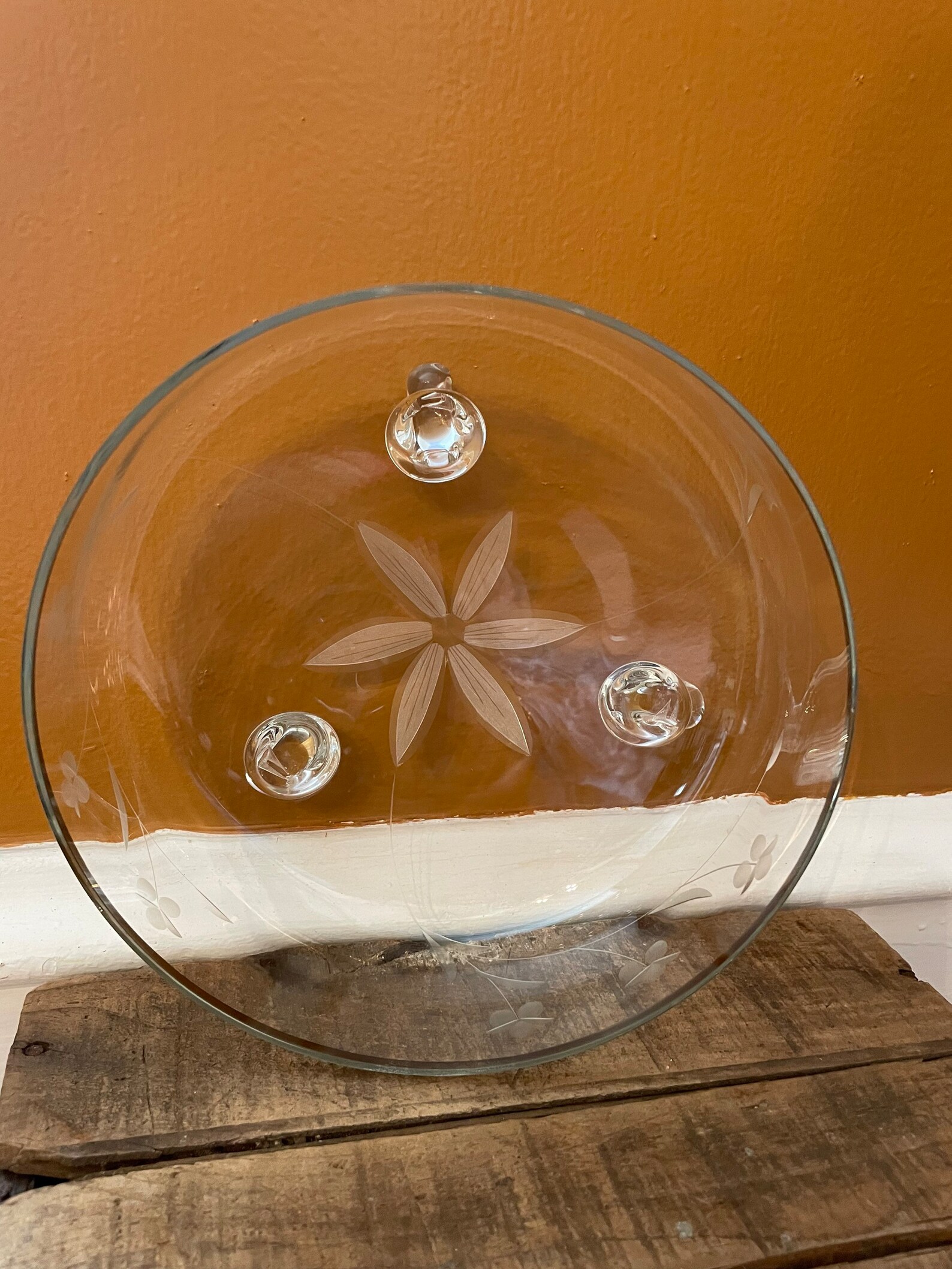 Vintage Etched Glass Footed Bowl With Silver Rim - Etsy
