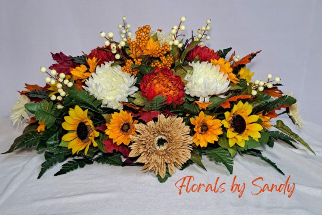 Handmade Fall Cemetery Topper, Red and Cream Mums, Sunflowers ...