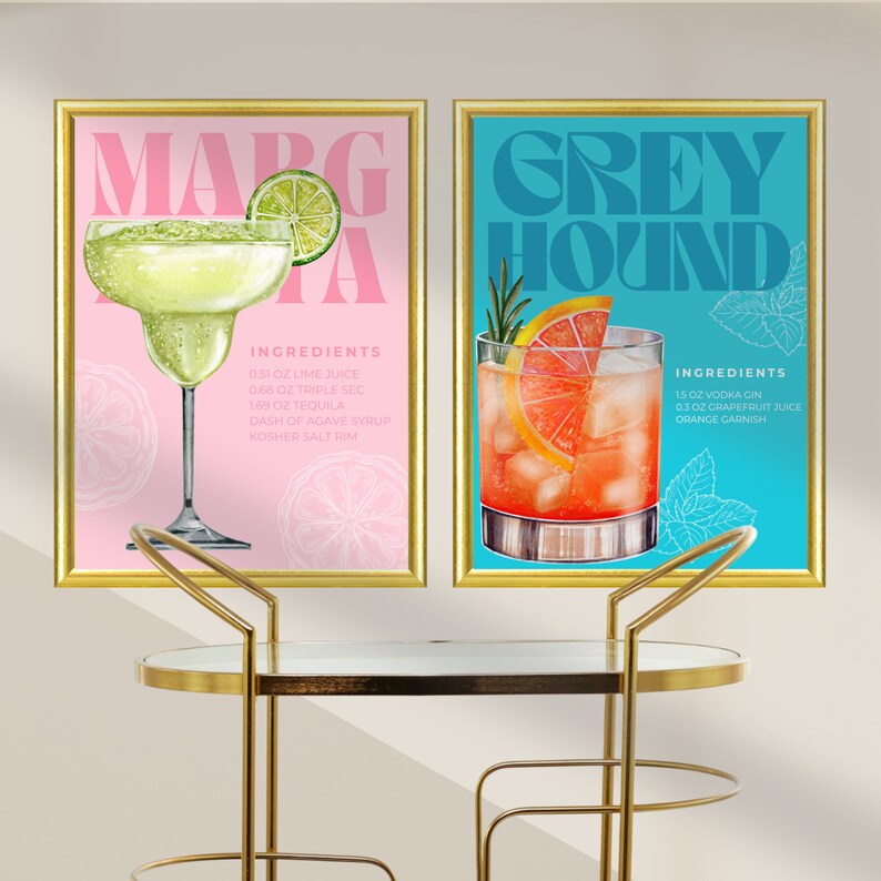 Set of 9 Alcohol Prints, Cocktail Recipe Print Set, Colorful Bar Cart ...