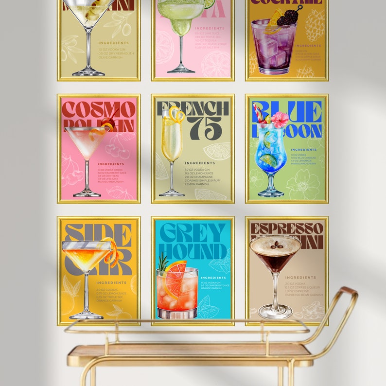 Set of 9 Alcohol Prints, Cocktail Recipe Print Set, Colorful Bar Cart ...
