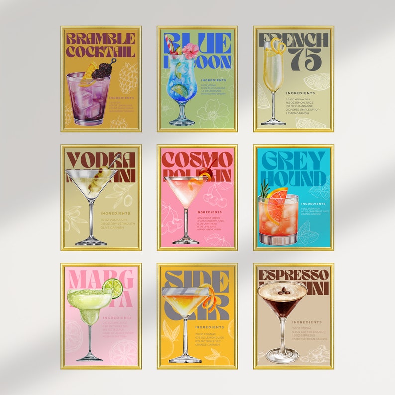 Set of 9 Alcohol Prints, Cocktail Recipe Print Set, Colorful Bar Cart ...