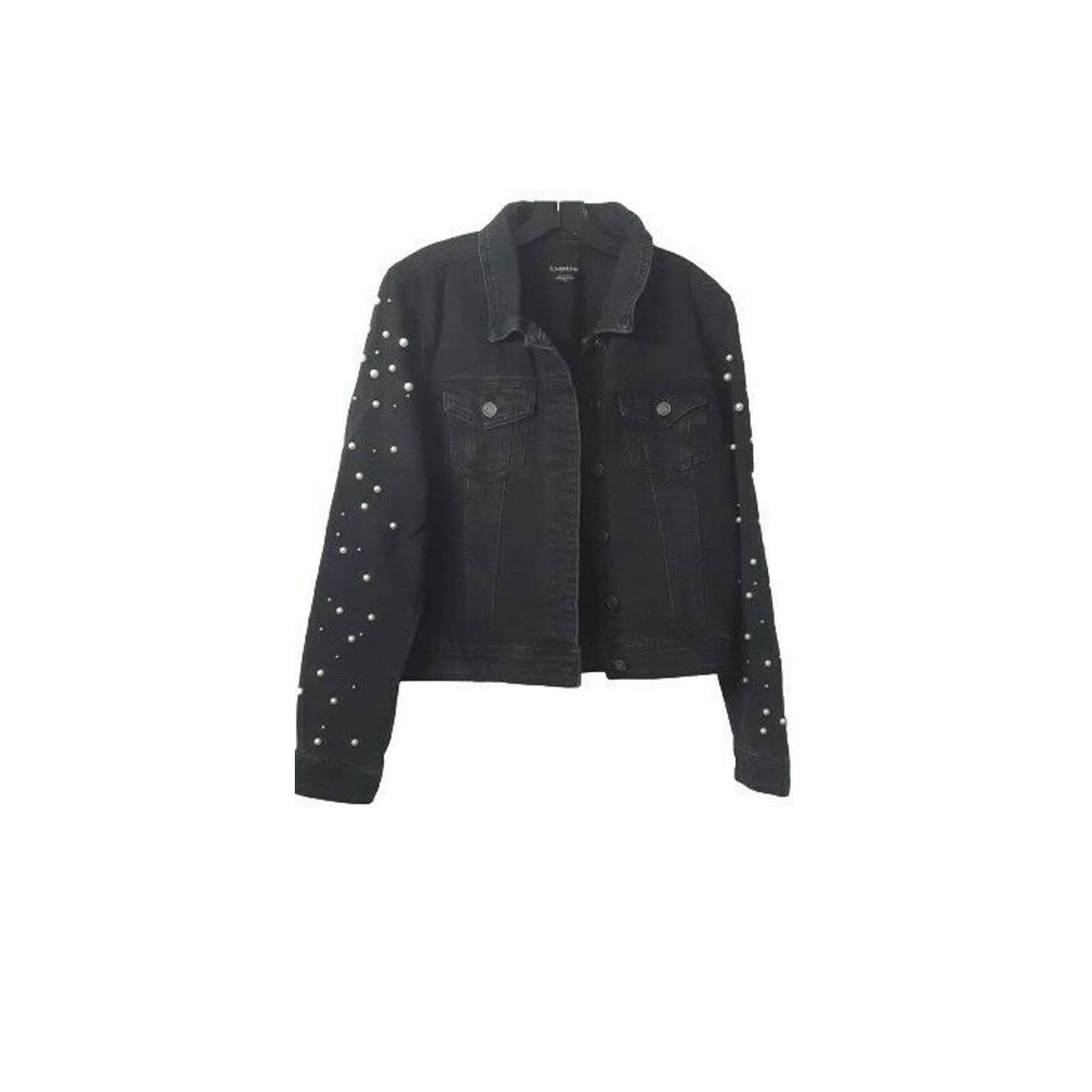 Bebe Women's Jacket Black Denim With Pearl Trim | Etsy