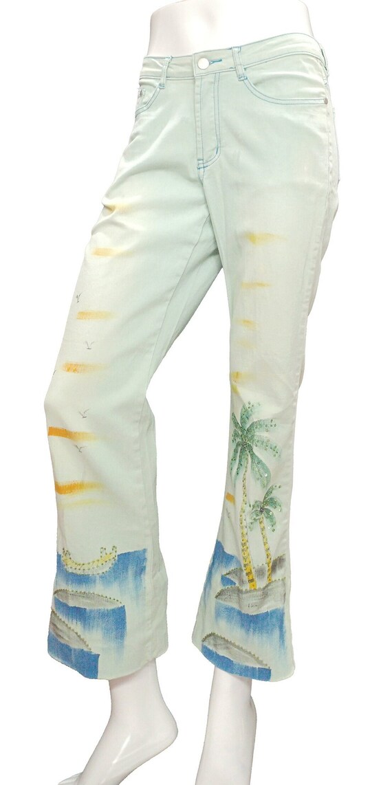 CACHÉ Vintage Flared Jeans with Tropical Beach Graphic - Gem