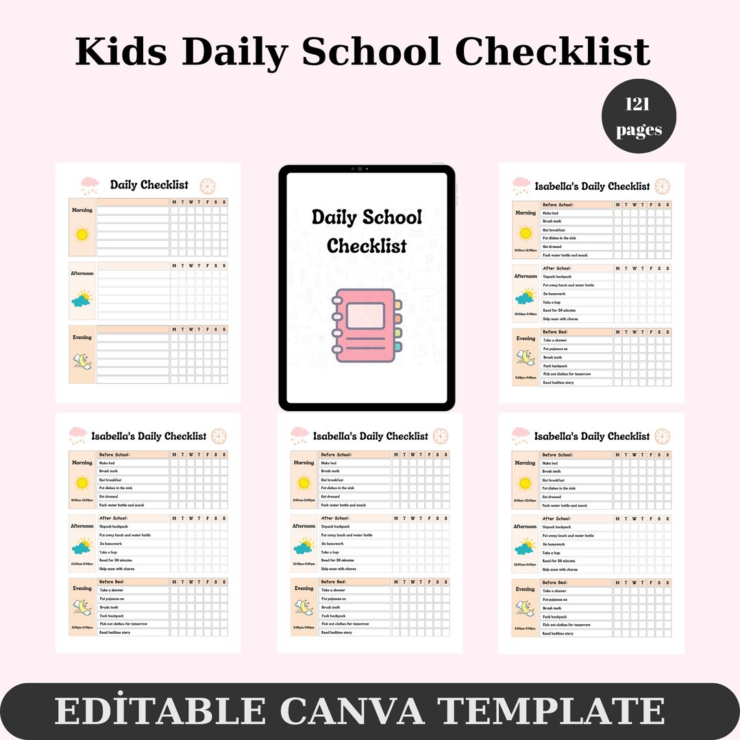 Editable Kids Daily School Checklist, Chore Chart, Printable PDF, To-do ...