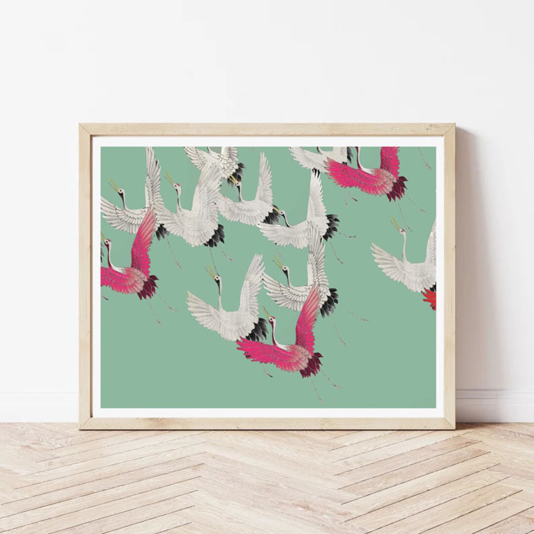 Flock of Japanese Red Crowned Cranes Nursery Art in Sage - Etsy
