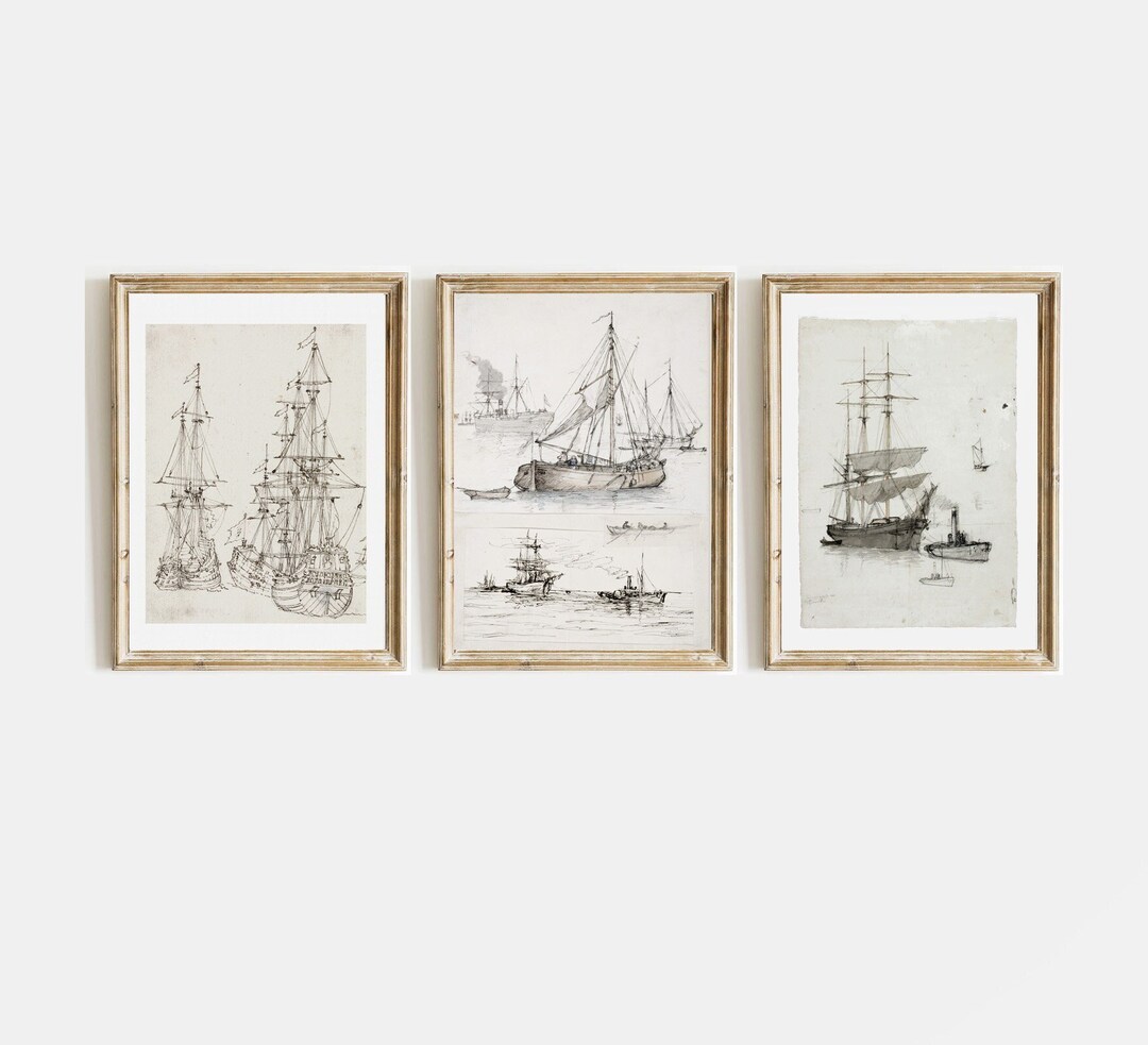 Vintage Marine Sketch Art | Vintage Sailing Boat Designs | Coastal Art ...