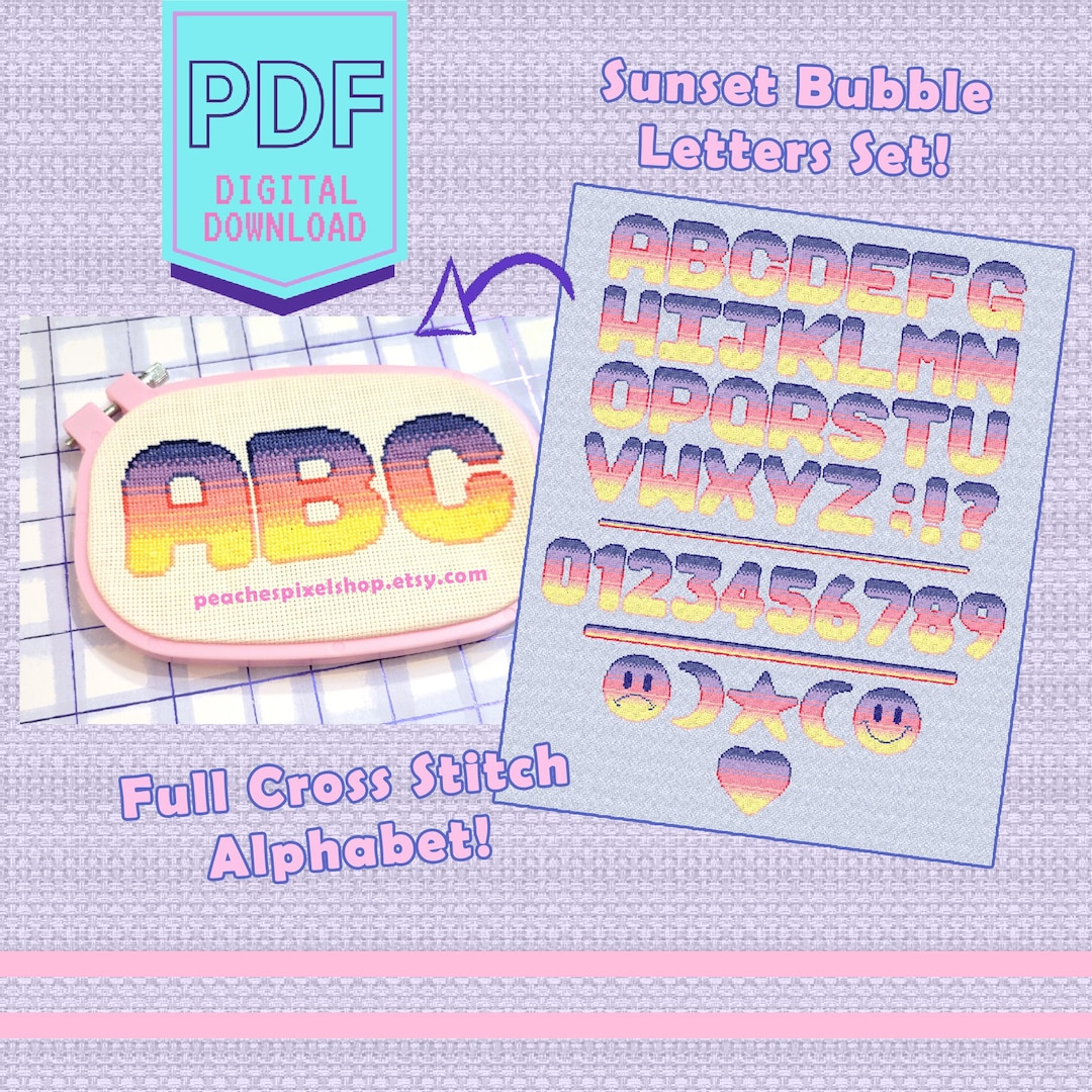 Sunset Bubble Letters FONT PDF Cross Stitch Pattern - Large Pixel ...