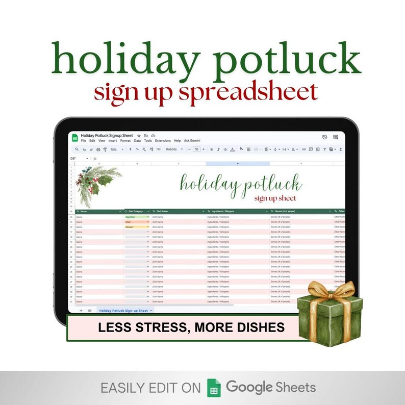 Holiday Potluck Sign-up Spreadsheet: Editable Google Sheet (digital ...