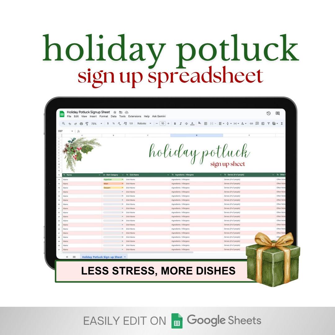 Holiday Potluck Sign-up Spreadsheet: Editable Google Sheet (digital ...