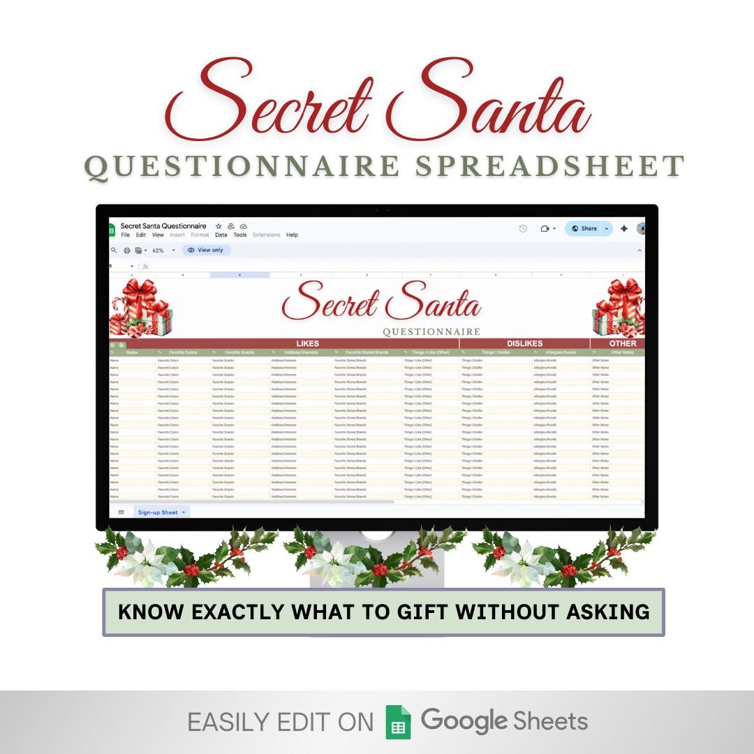 Secret Santa Questionnaire Template Sheet: Editable Google Sheet ...