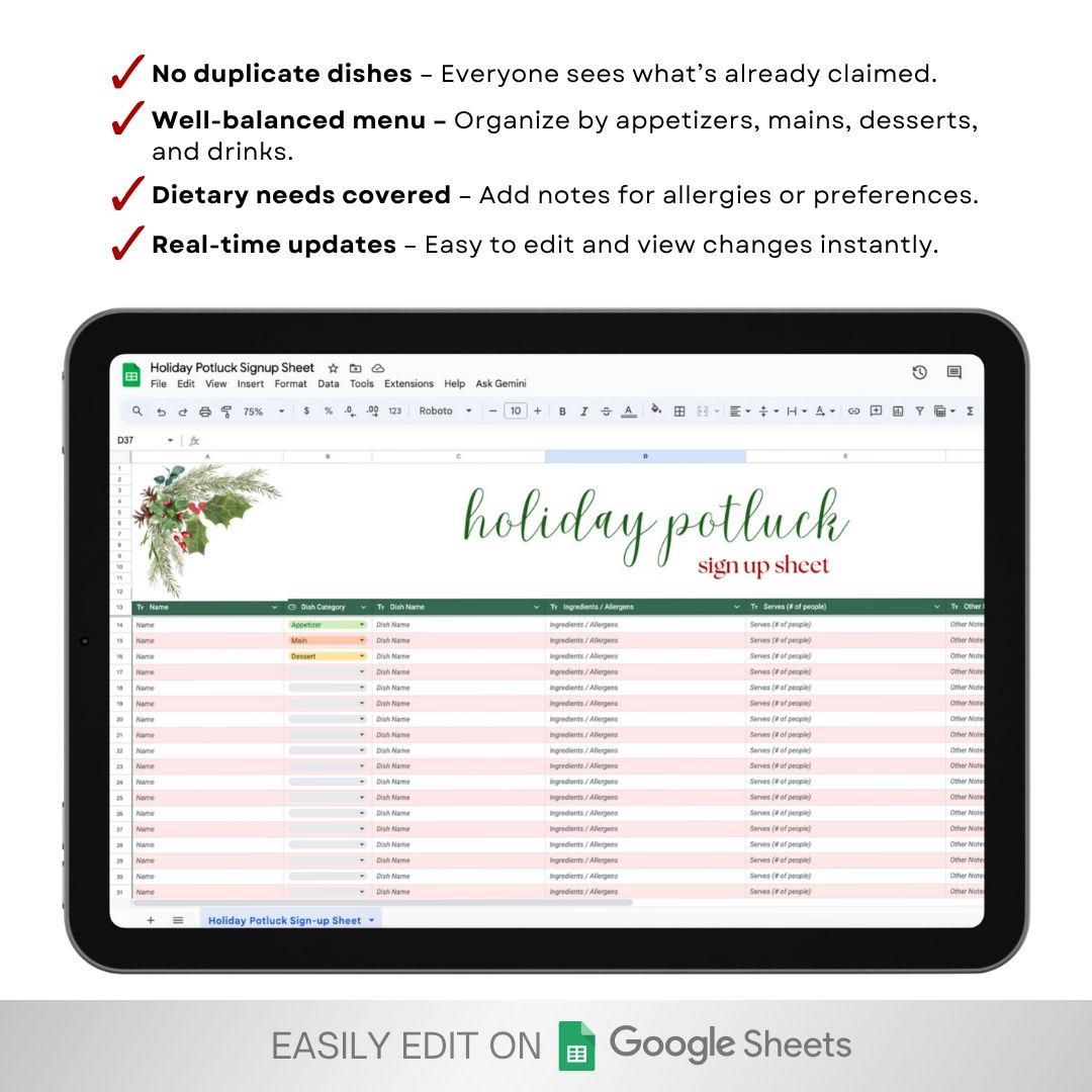 Holiday Potluck Sign-up Spreadsheet: Editable Google Sheet (digital ...