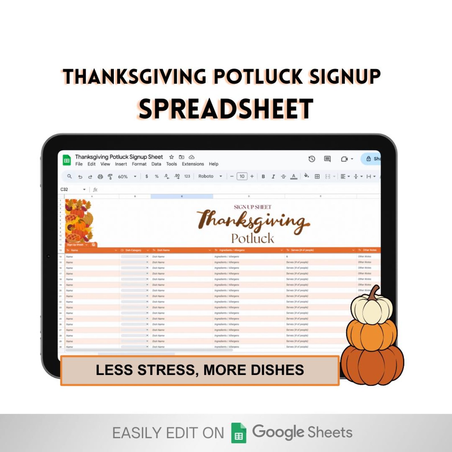 Thanksgiving Potluck Sign-up Spreadsheet | Editable Google Sheet ...
