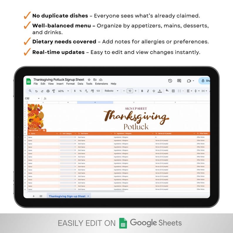 Thanksgiving Potluck Sign-up Spreadsheet | Editable Google Sheet ...