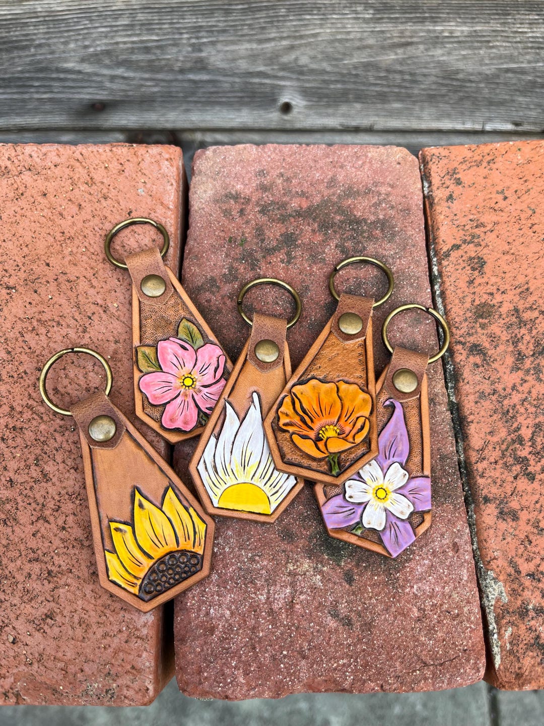 Wildflower Tooled Leather Keychain - Etsy
