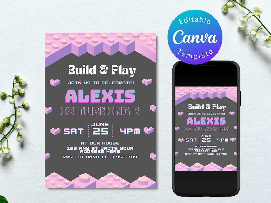 Girls Lego Blocks Birthday Invitation, Bricks Birthday Invitation for ...