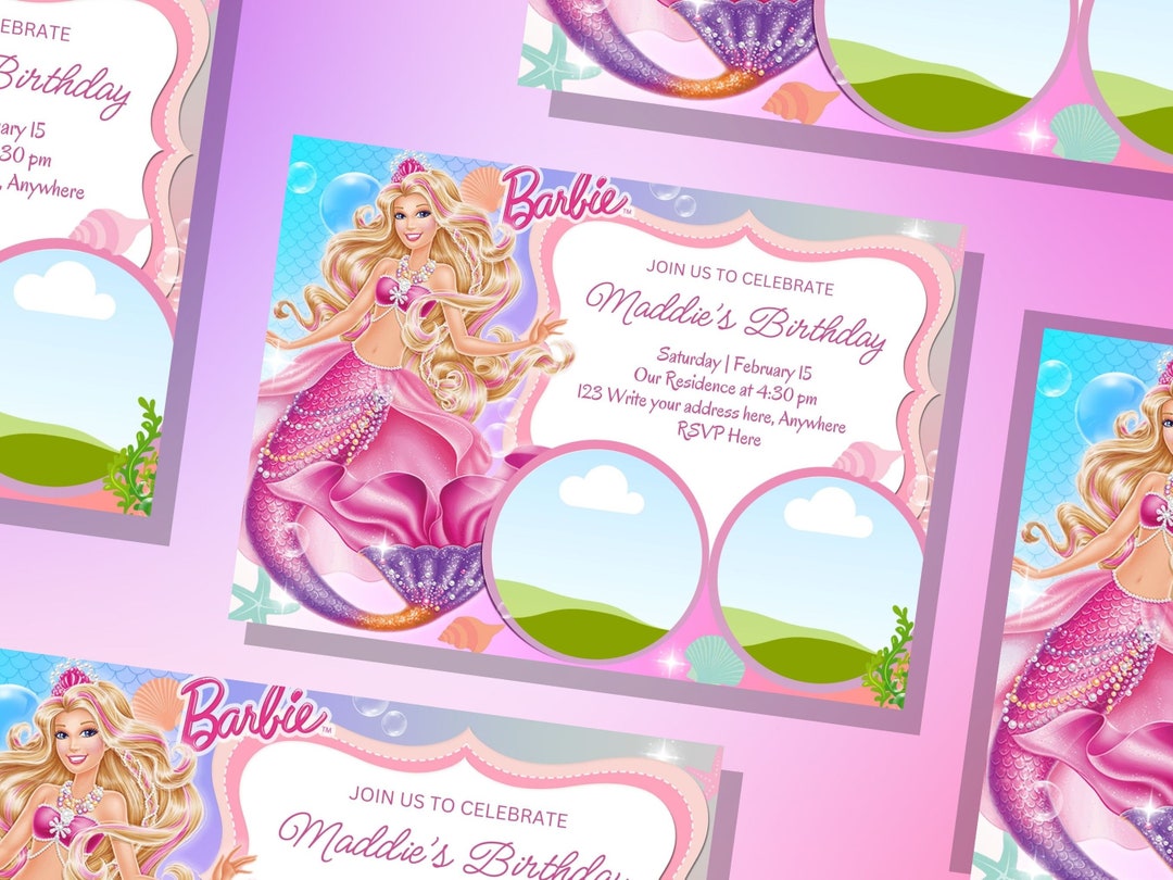 Editable Barbie Mermaid Birthday Invitation Template, Barbie Birthday ...