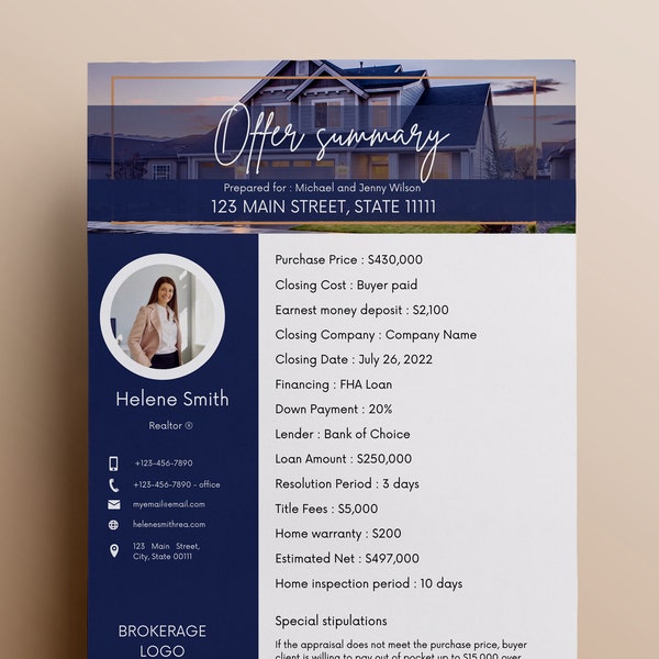 Real Estate Offer Summary Template - Etsy