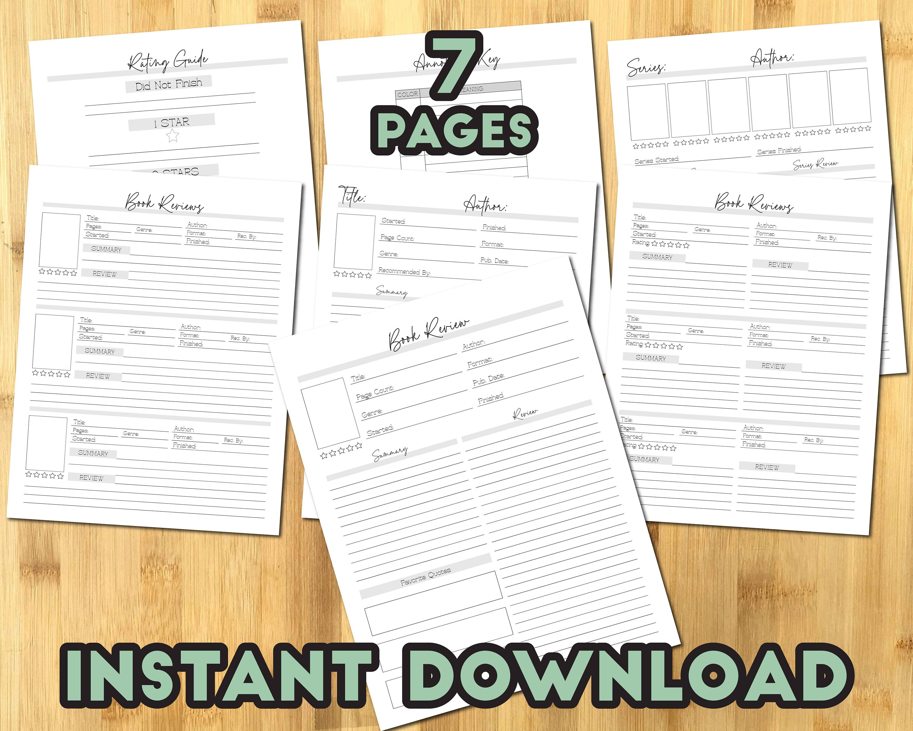 Book Review Printable Bundle: Reading Journal Inserts, Bookmark ...