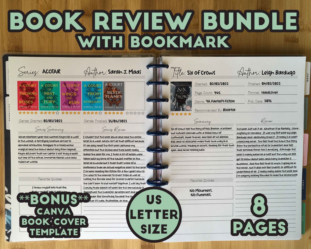 Book Review Printable Bundle: Reading Journal Inserts, Bookmark (US ...