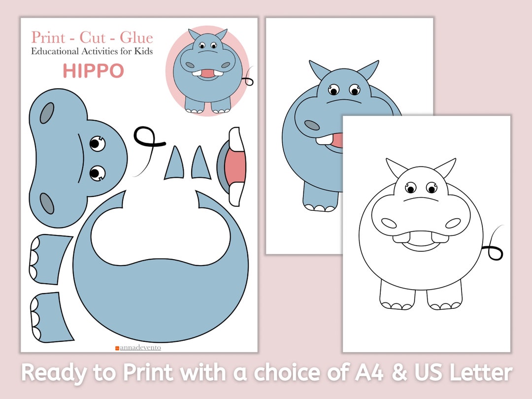 Create a Hippo Cut Out and Glue Fun Activity Sheets to Educate - Etsy
