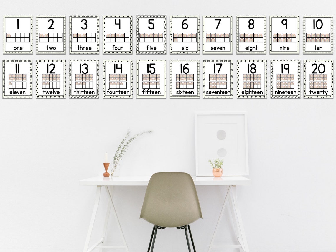 Number Posters, Numbers 1-20 With and Without Ten Frames, Boho Rainbow ...