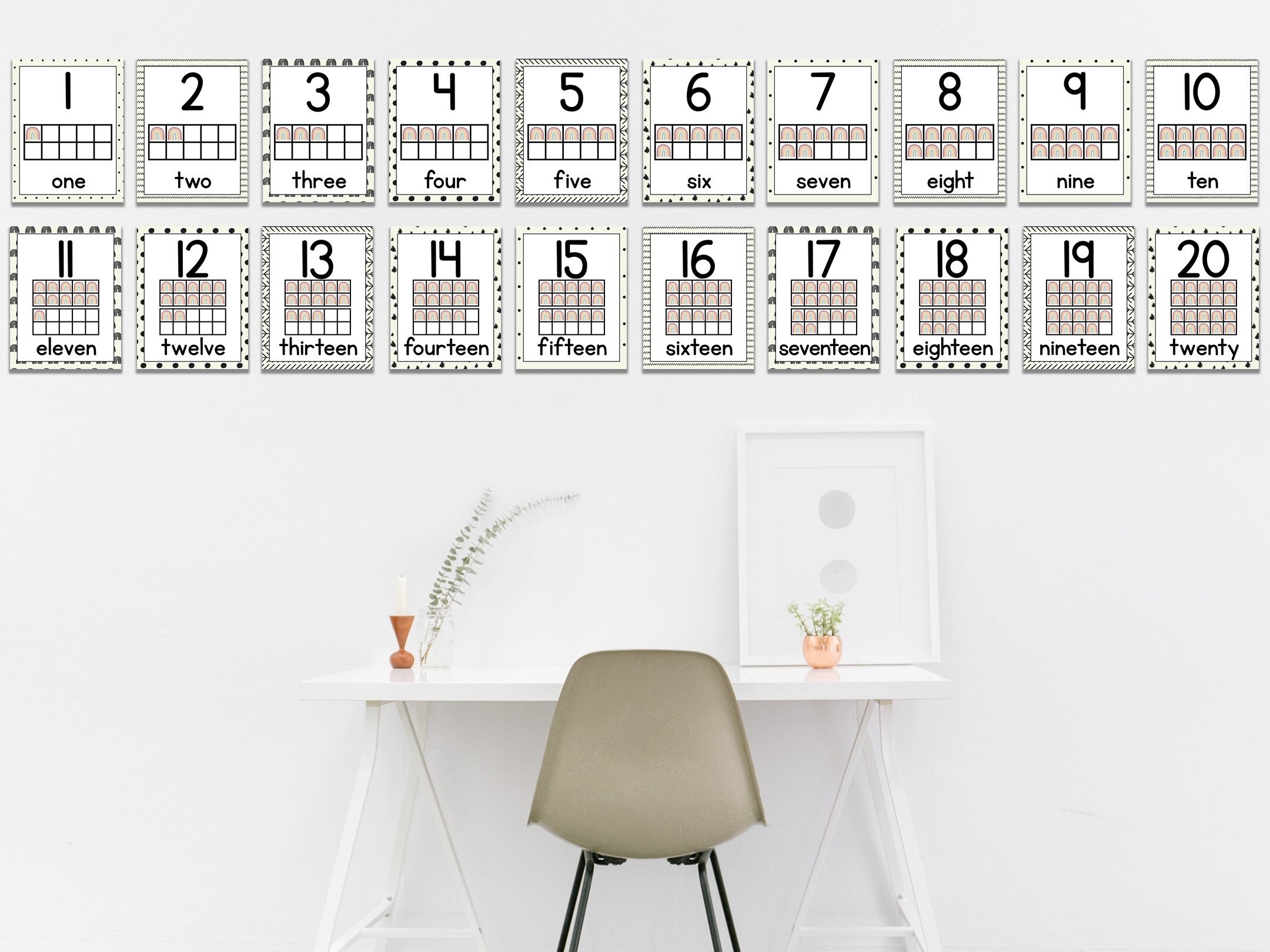 Number Posters, Numbers 1-20 With and Without Ten Frames, Boho Rainbow ...