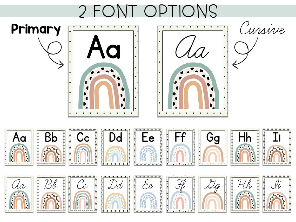 Boho Rainbow Alphabet Posters, Print Alphabet, Cursive Alphabet ...