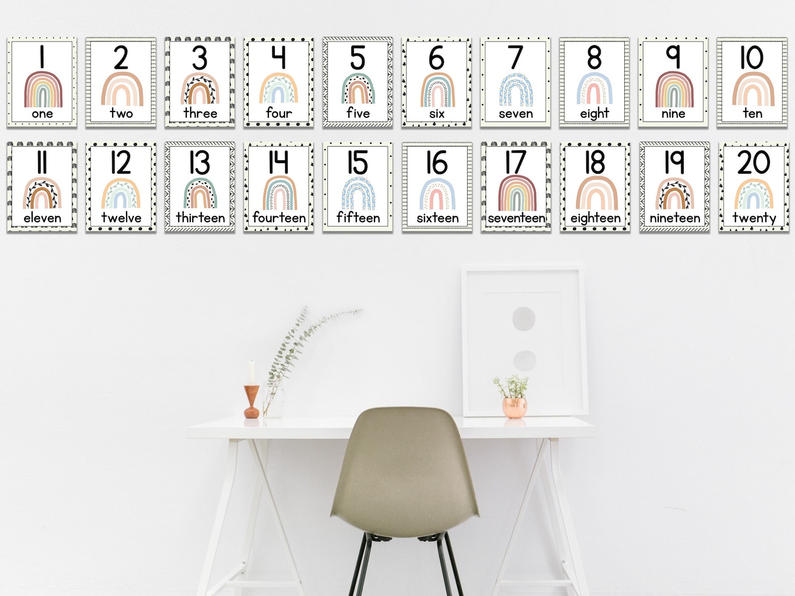 Number Posters, Numbers 1-20 With and Without Ten Frames, Boho Rainbow ...