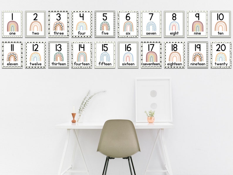 Number Posters, Numbers 1-20 With and Without Ten Frames, Boho Rainbow ...