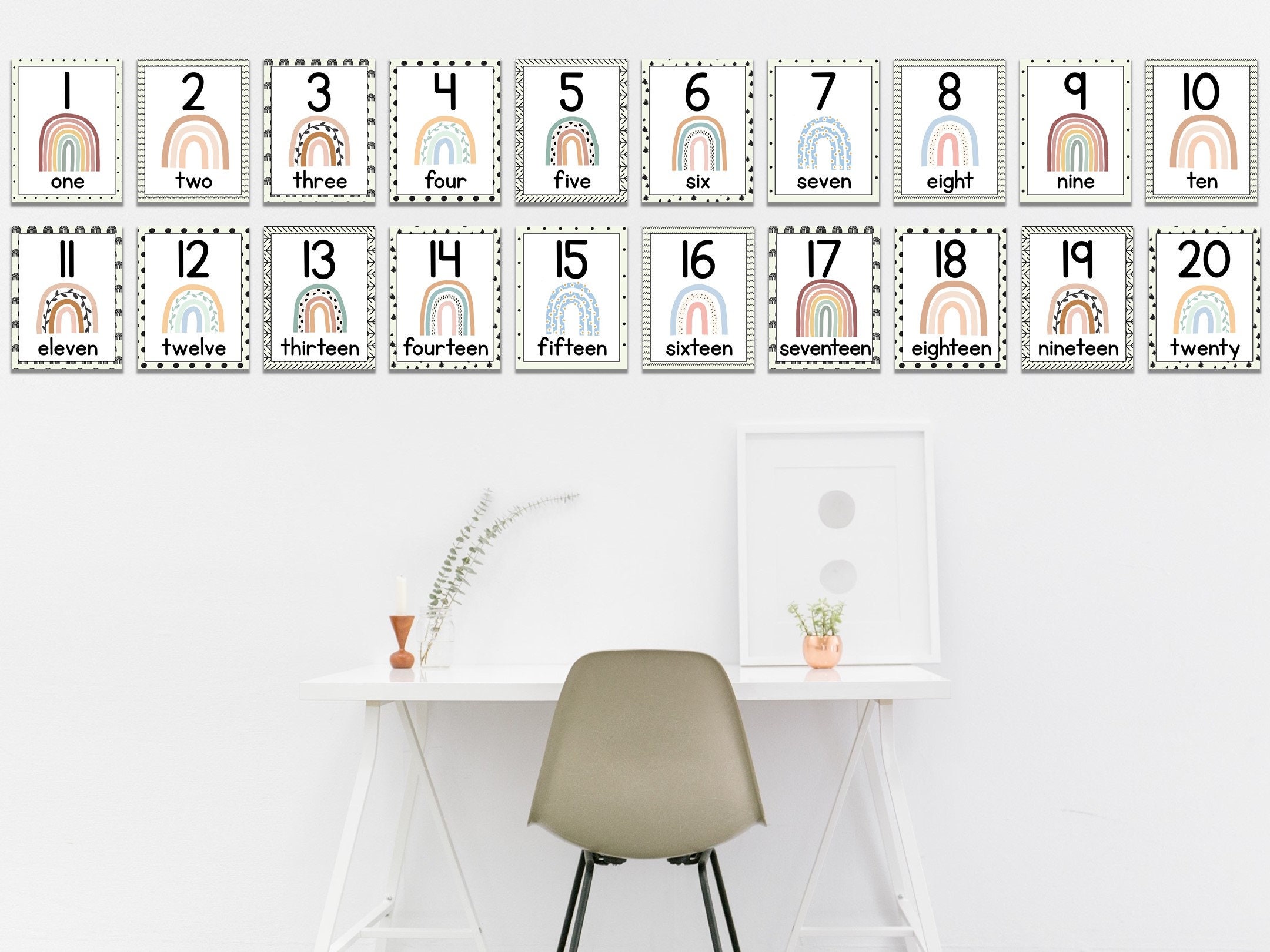 Number Posters, Numbers 1-20 With and Without Ten Frames, Boho Rainbow ...