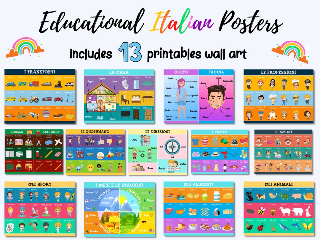 Italian Educational Posters, Set of 13 Playroom Prints for Kids and ...