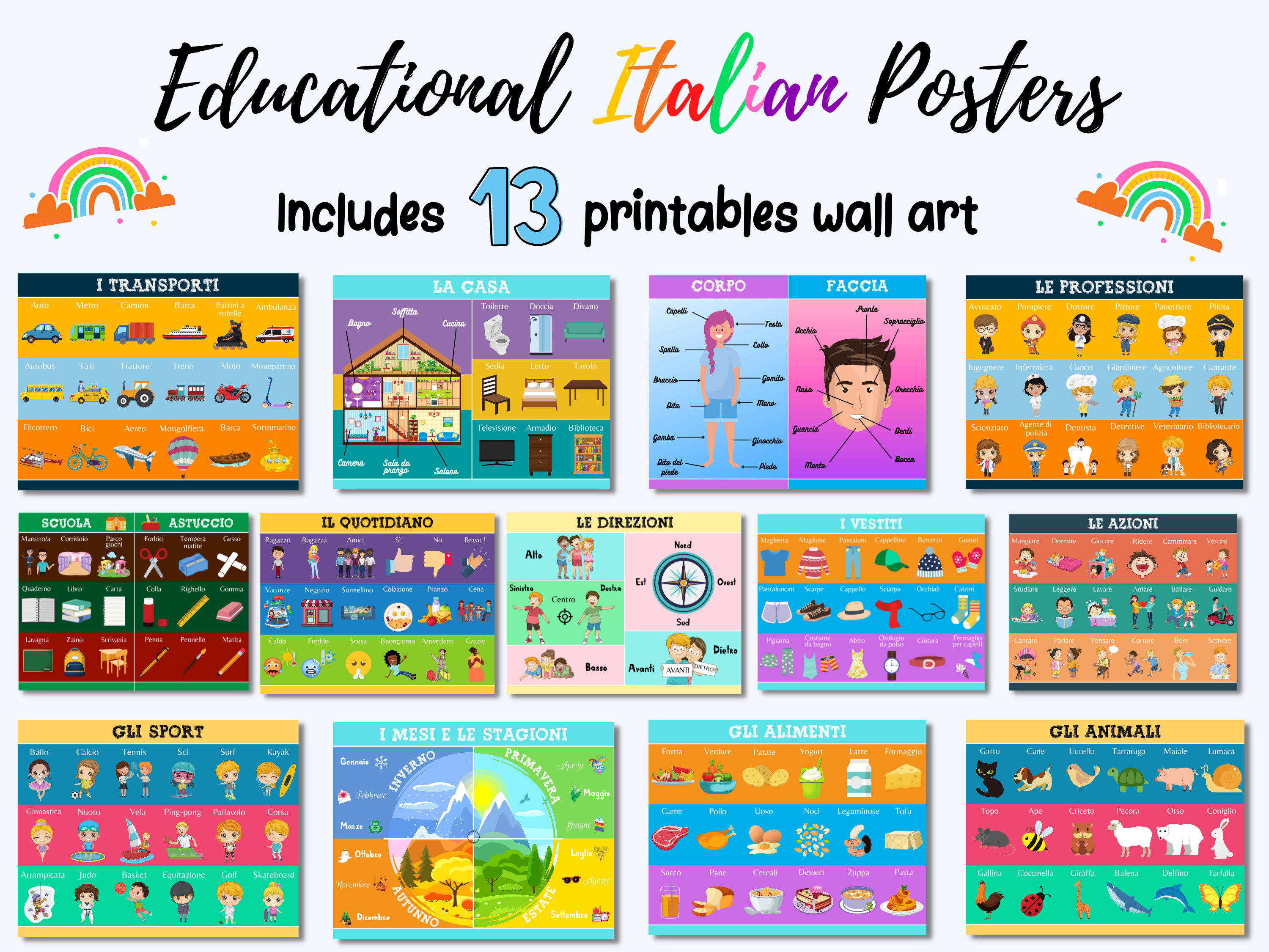 Italian Educational Posters, Set of 13 Playroom Prints for Kids and ...