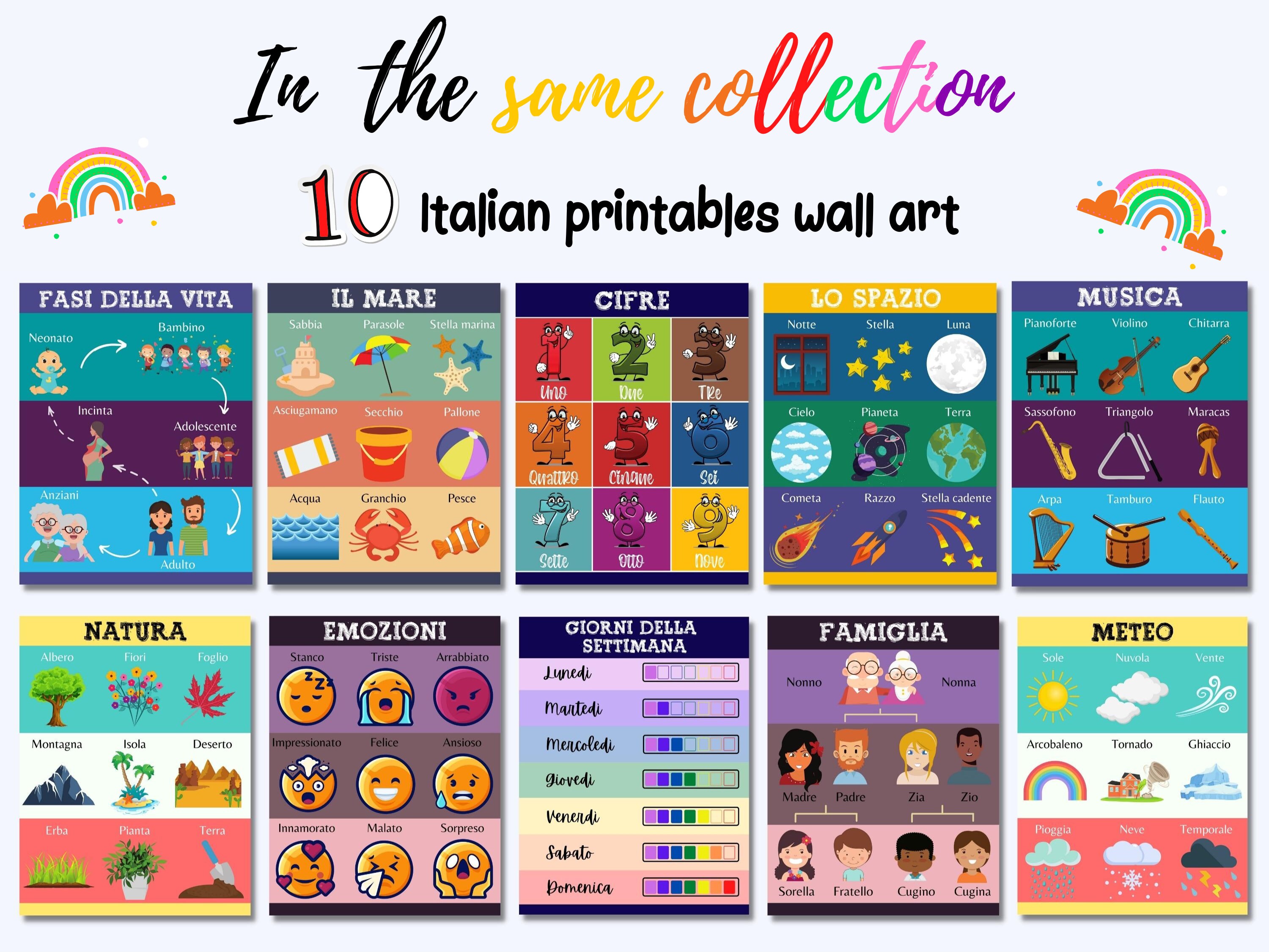 Italian Educational Posters, Set of 13 Playroom Prints for Kids and ...