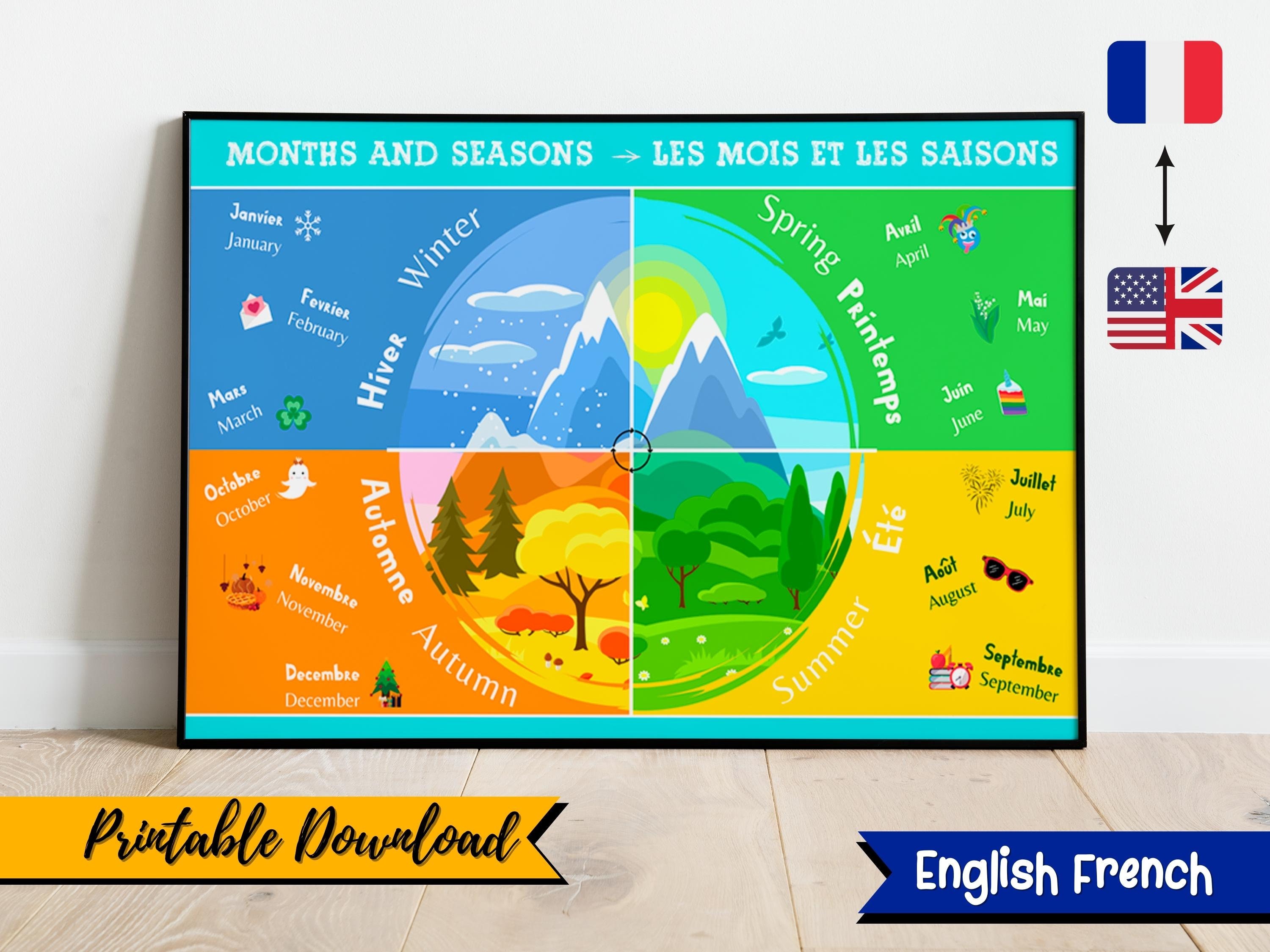 Months of the Year Four Seasons Poster Bilingual English & | Etsy Canada
