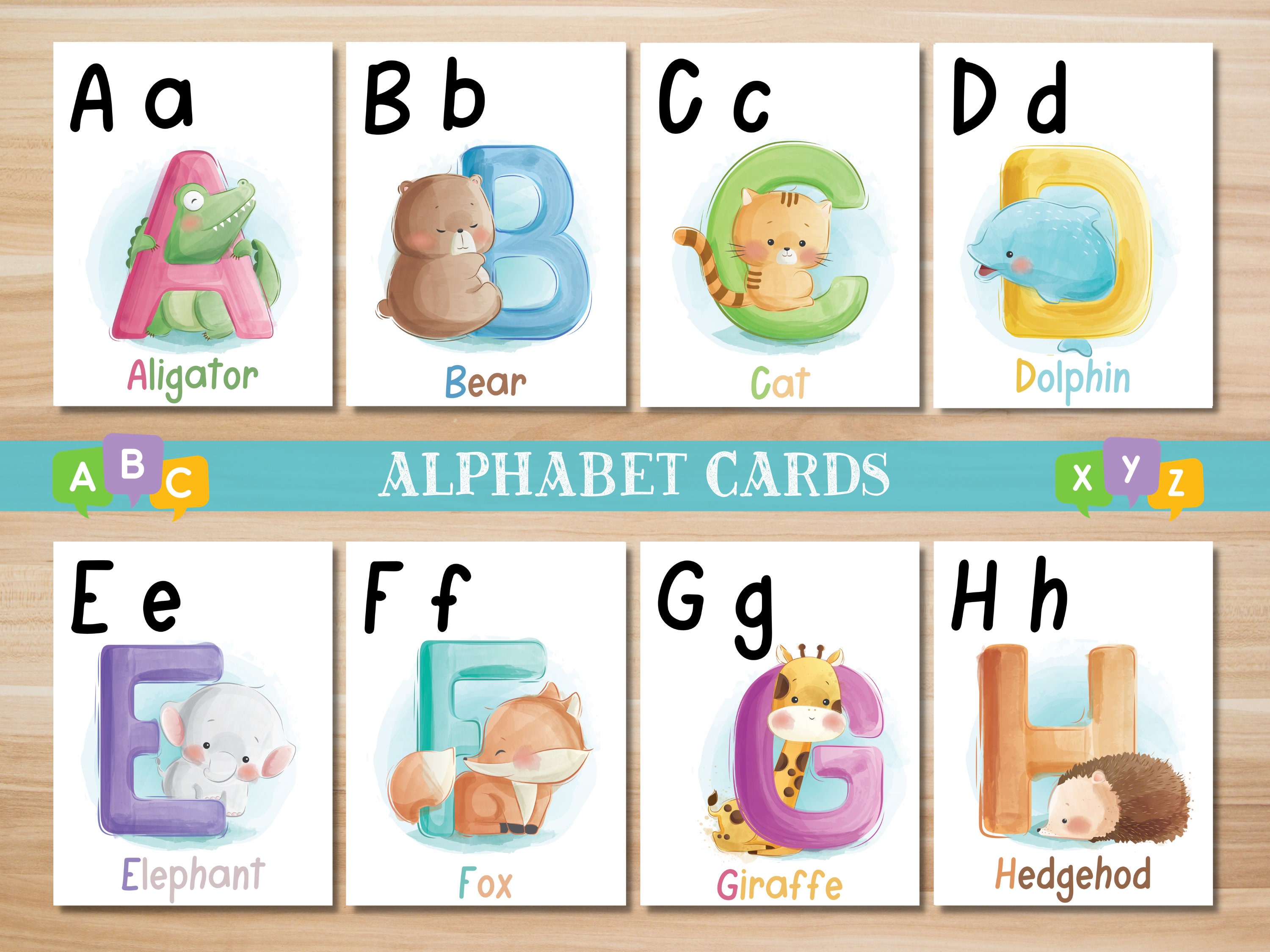 ABC Cards Animal Alphabet Cards Digital Download Watercolor Alphabet ...