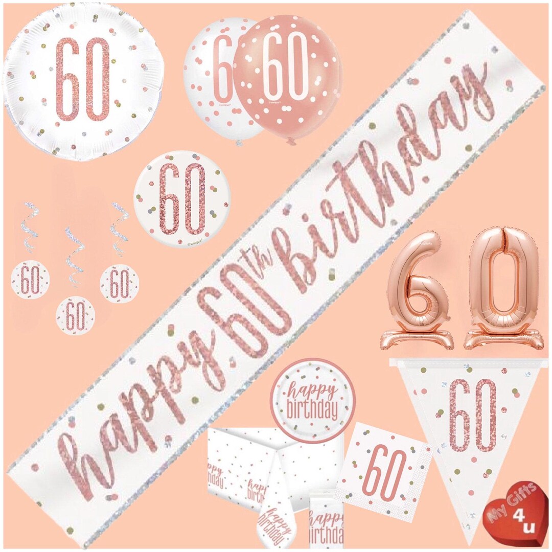 Rose Gold 60th Birthday Party Decorations: Bunting, Balloons, Banner ...