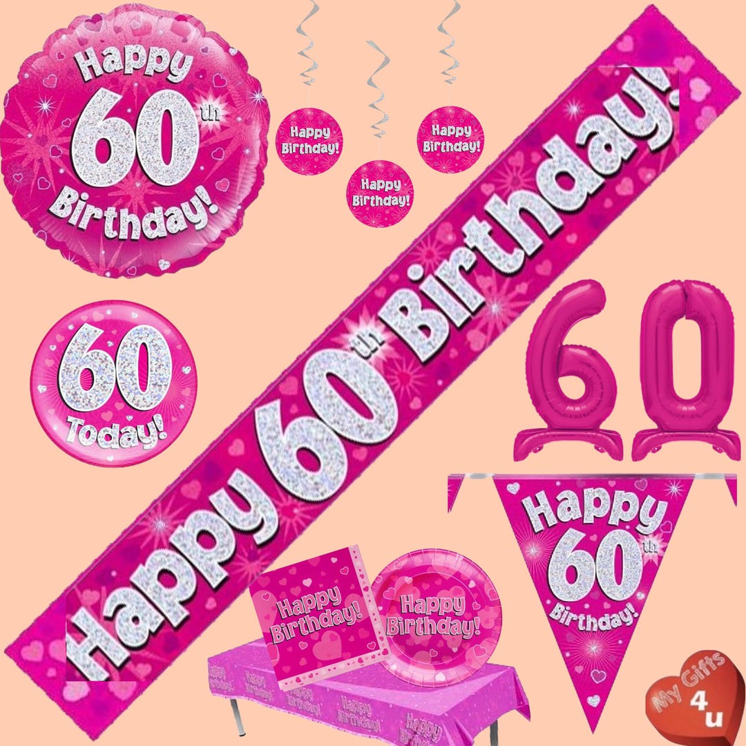 Pink 60th & Happy Birthday Decorations Party Bunting Balloons Banners ...