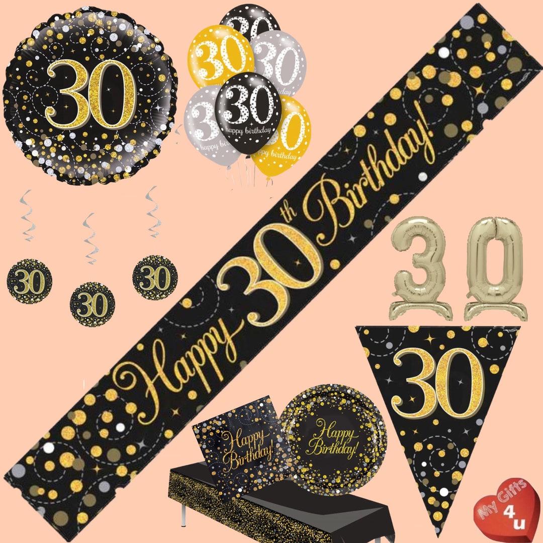 Black and Gold 30th Birthday Party Decorations: Banners, Balloons and ...