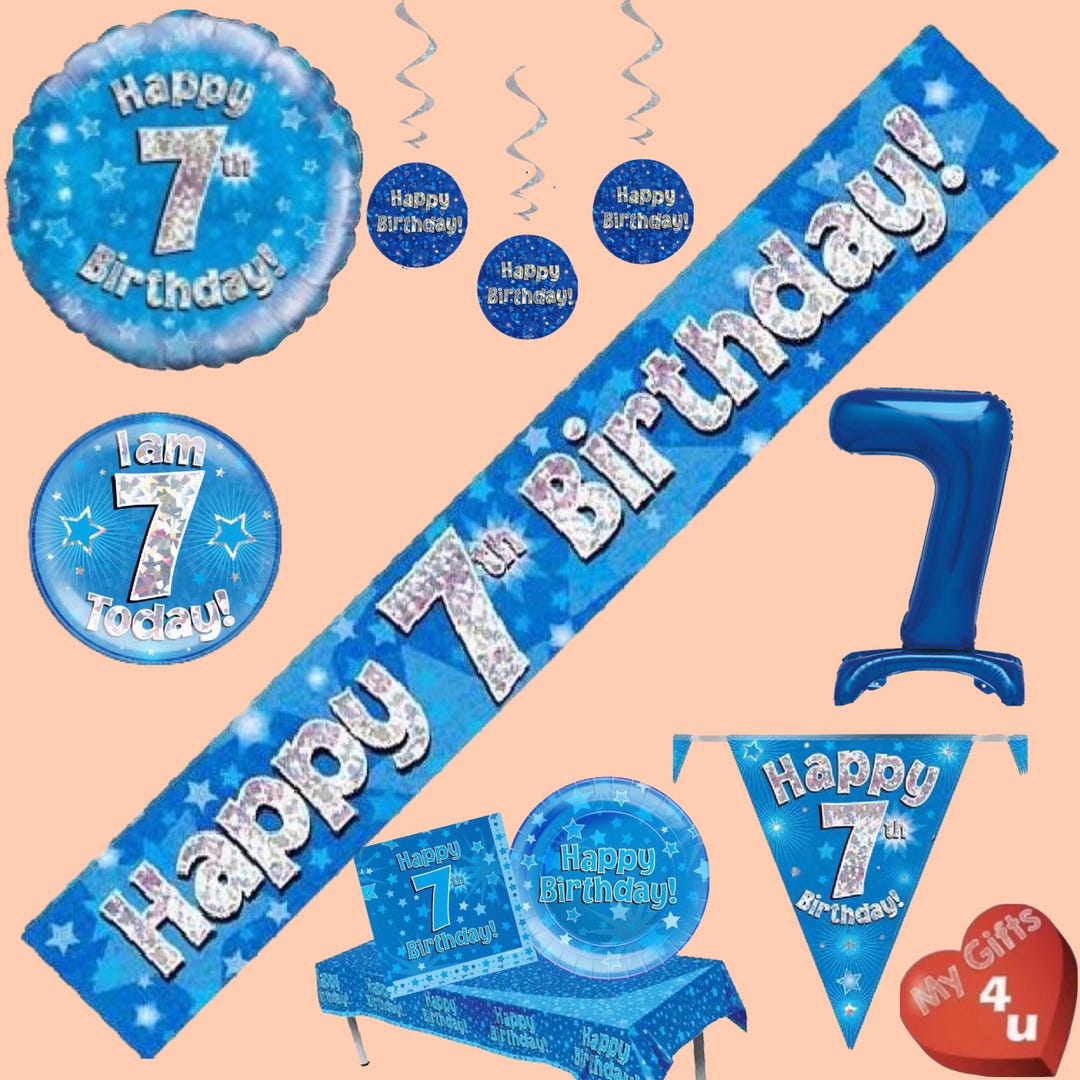 Blue 7th Birthday Decorations Party Bunting Balloons Banners Age 7 ...