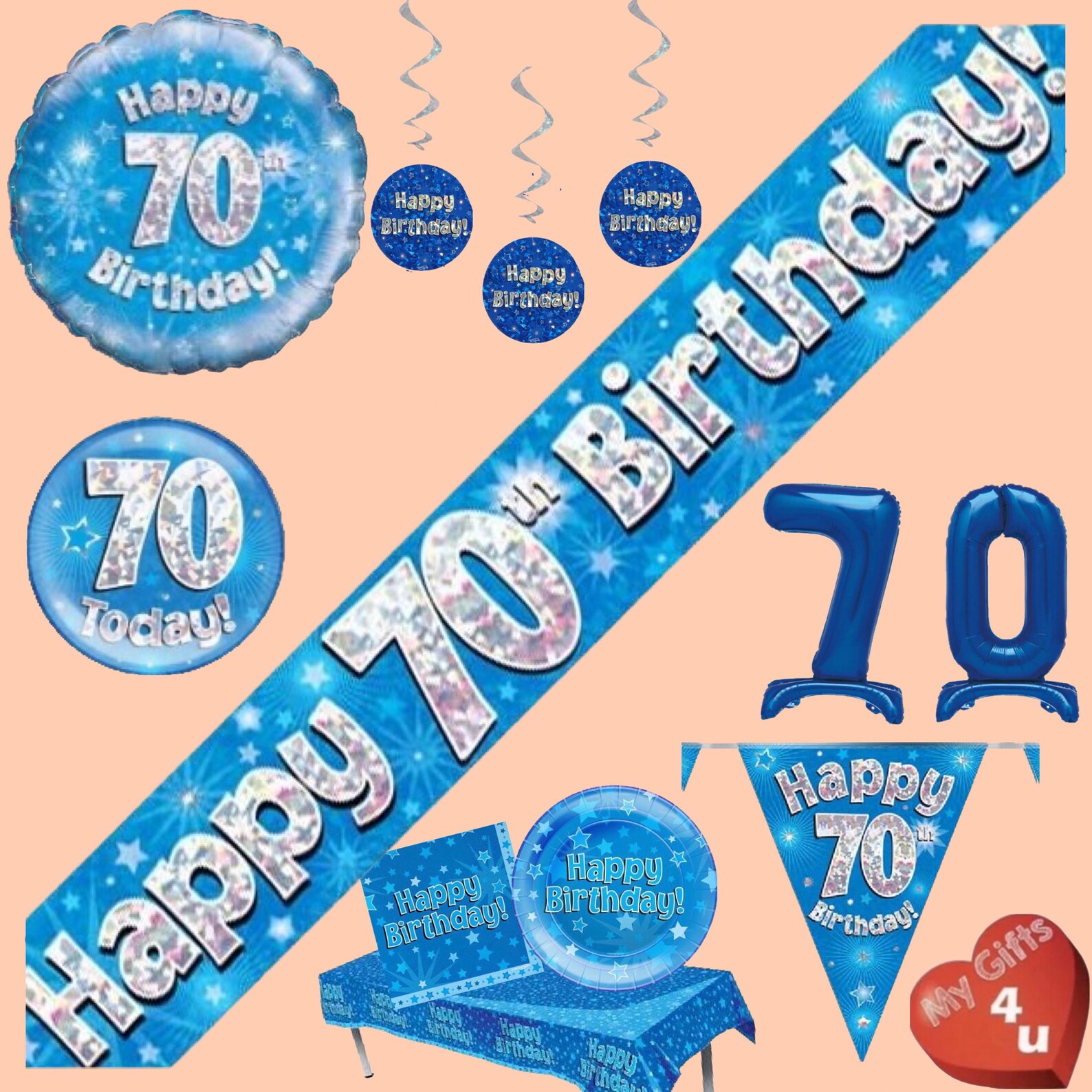 70th Birthday Decorations Party Blue Stars Bunting Balloons Banners ...