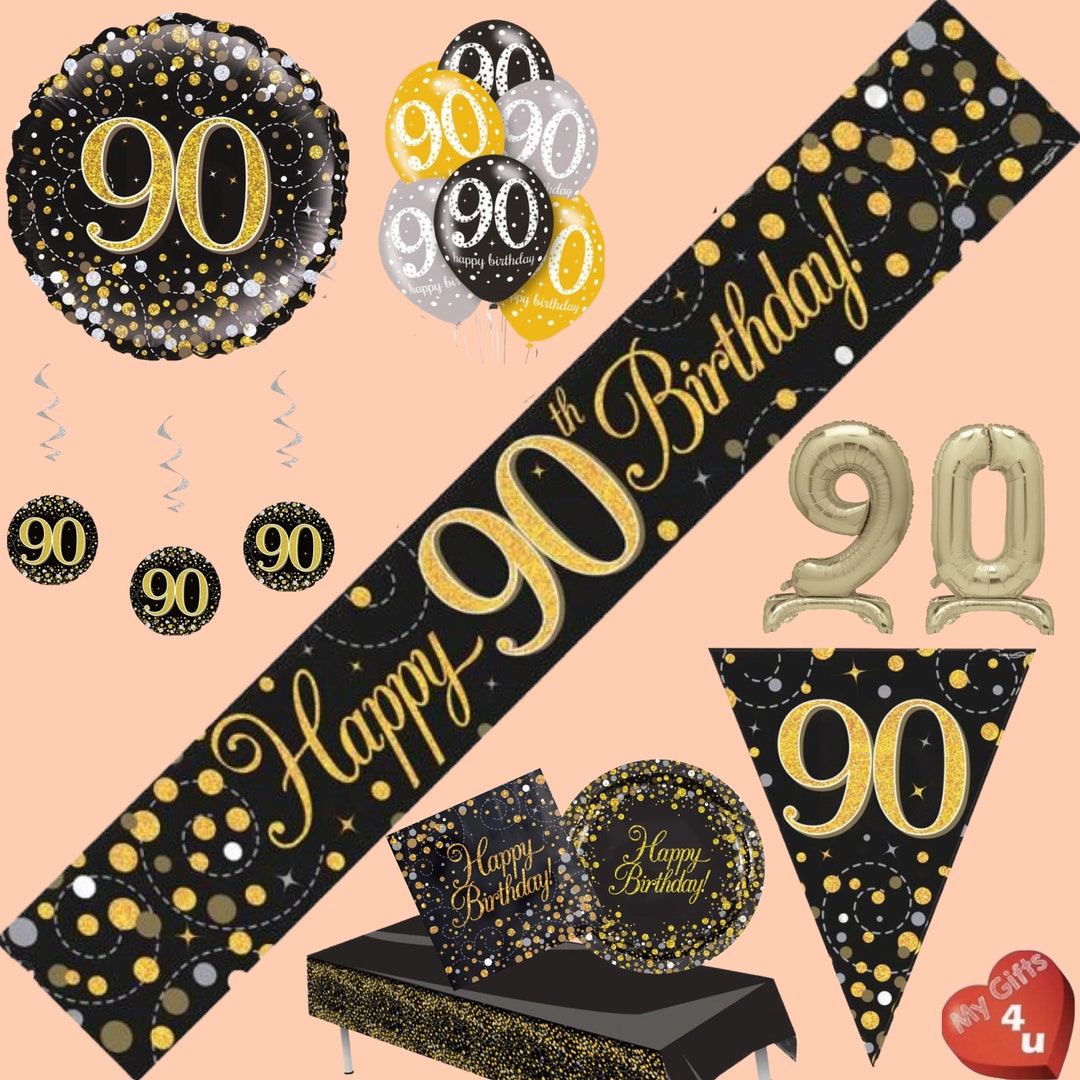 Black Gold 90th Birthday Decorations Party Bunting Balloons Banners Age ...