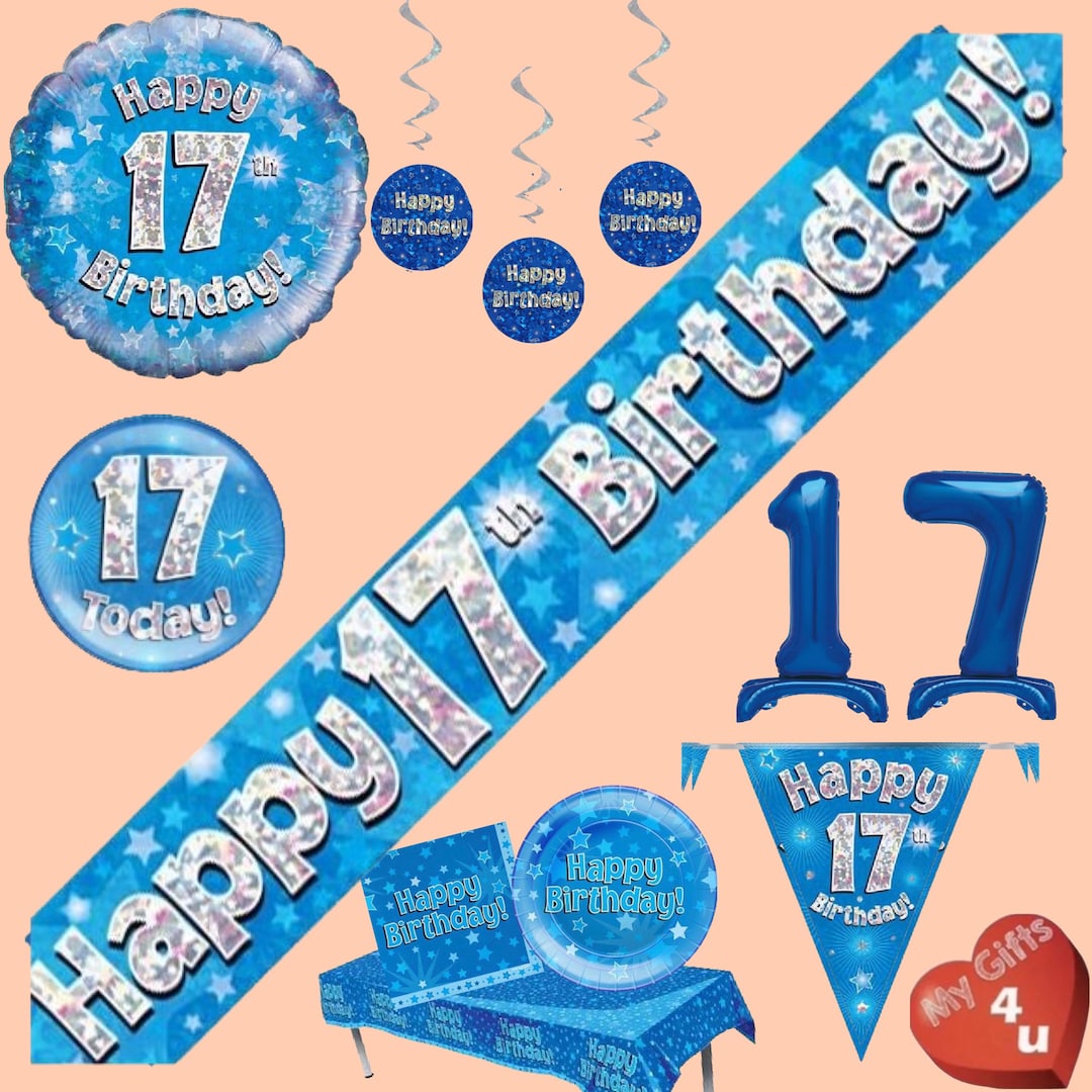Blue 17th Birthday Decorations Party Bunting Balloons Banners Age 17 ...